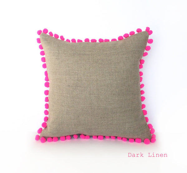 Natural Linen & Hot Neon Pink Pom Pom Bobble Trim Cushion - Various Si ...