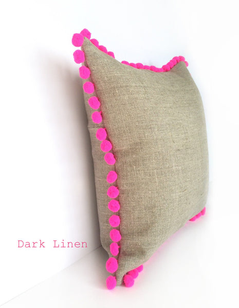 Natural Linen & Hot Neon Pink Pom Pom Bobble Trim Cushion - Various Si ...