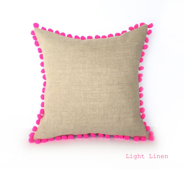 Natural Linen & Hot Neon Pink Pom Pom Bobble Trim Cushion - Various Si ...