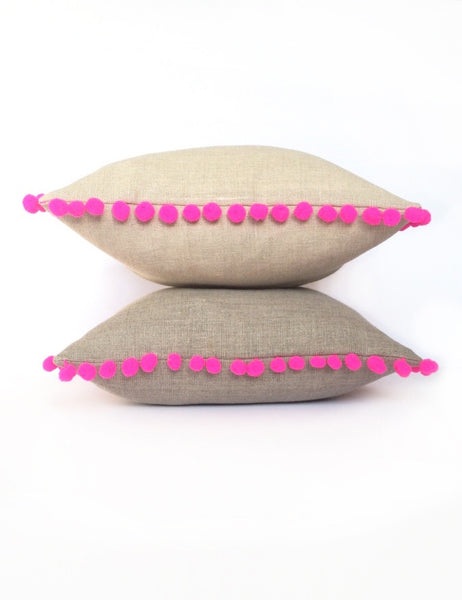 Natural Linen & Hot Neon Pink Pom Pom Bobble Trim Cushion - Various Si ...